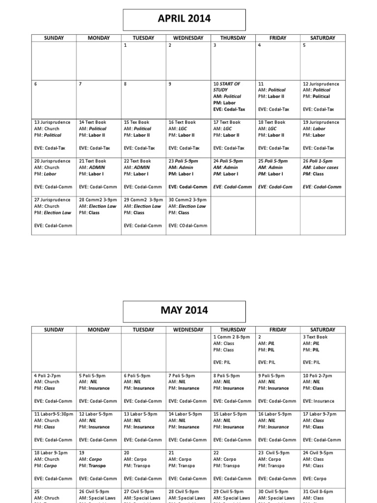 Law Study Schedule 2014 | PDF