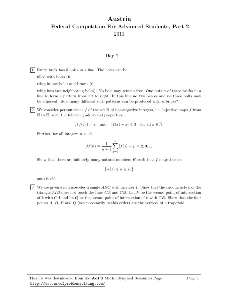 Austria Math Competition 2011 Problems | PDF | Integer | Classical Geometry