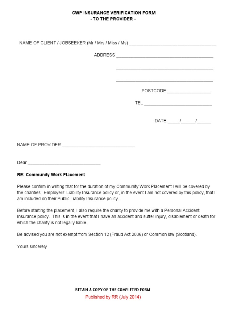 CWP Insurance Verification Form | Liability Insurance | Legal Liability