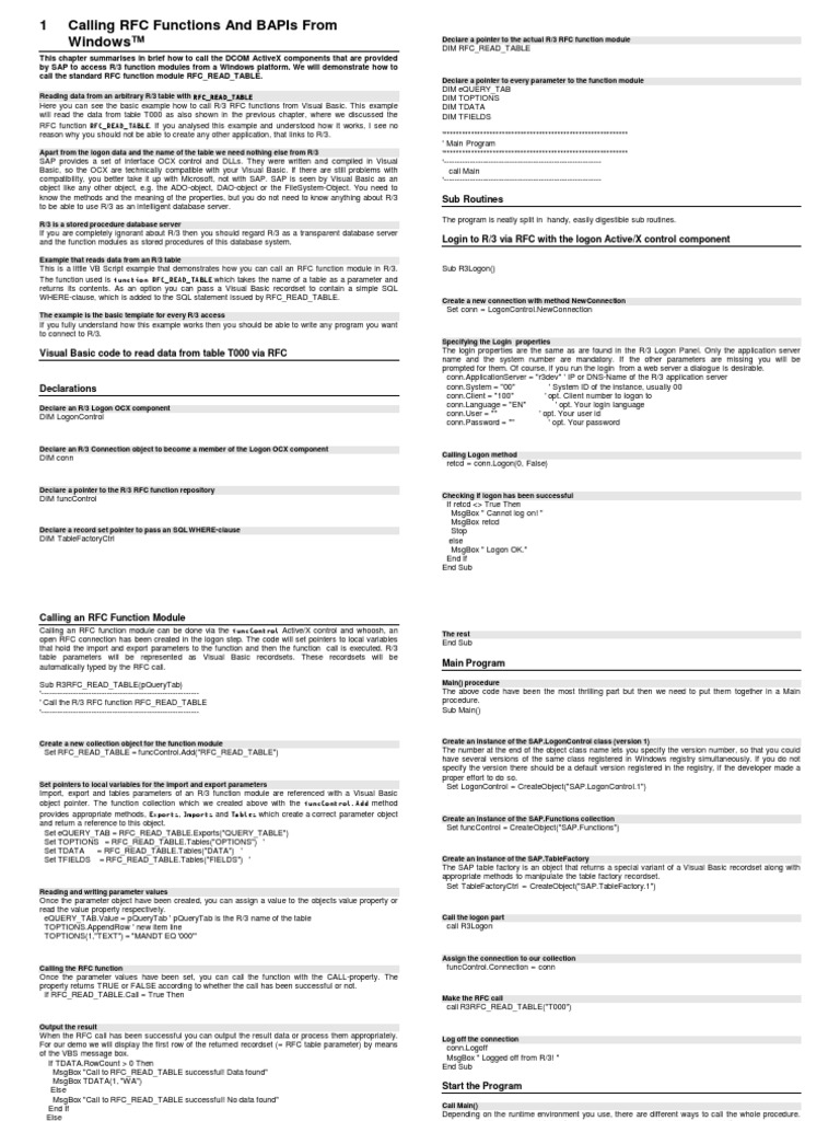 Calling RFC SAP | PDF | Subroutine | Parameter (Computer Programming)