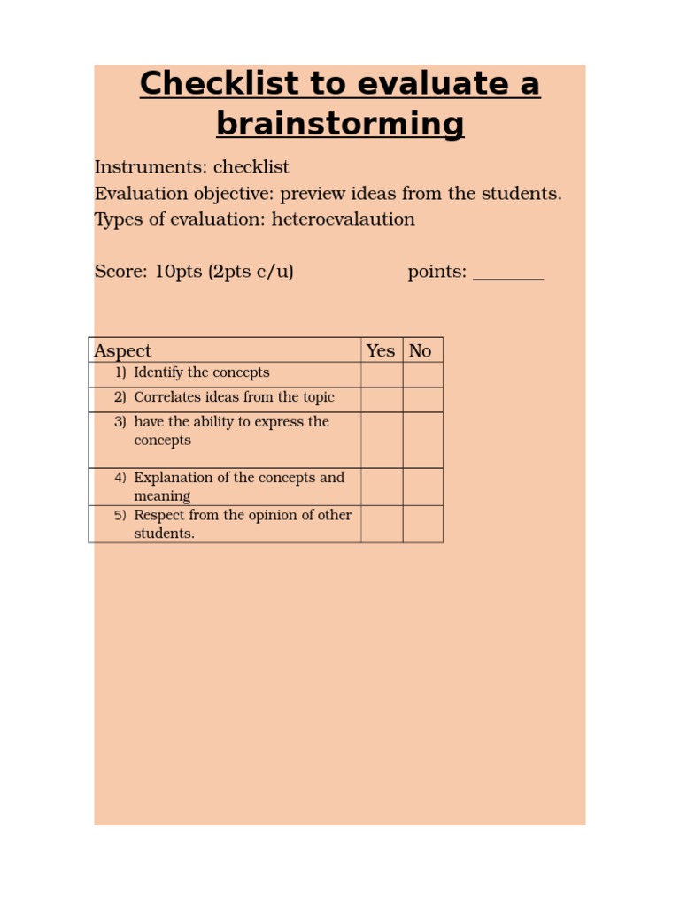 Checklist To Evaluate A Brainstorming | PDF | Rubric (Academic) | Typefaces