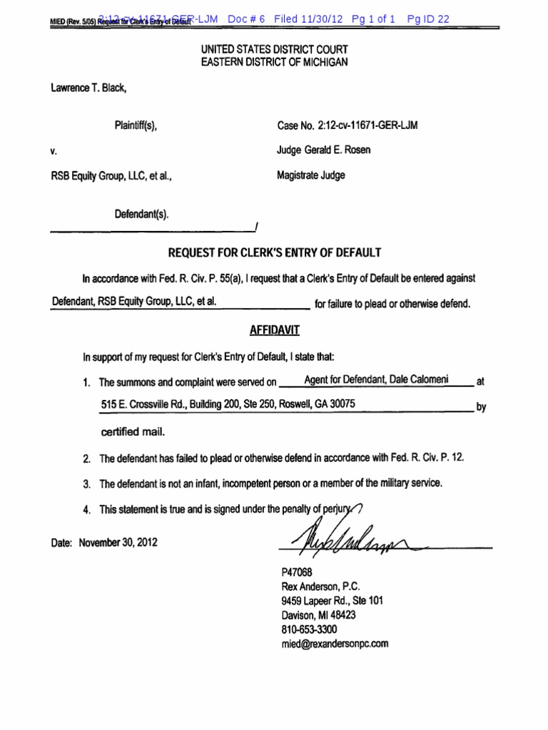 Request for Clerk's Entry of Default | PDF | United States Law ...