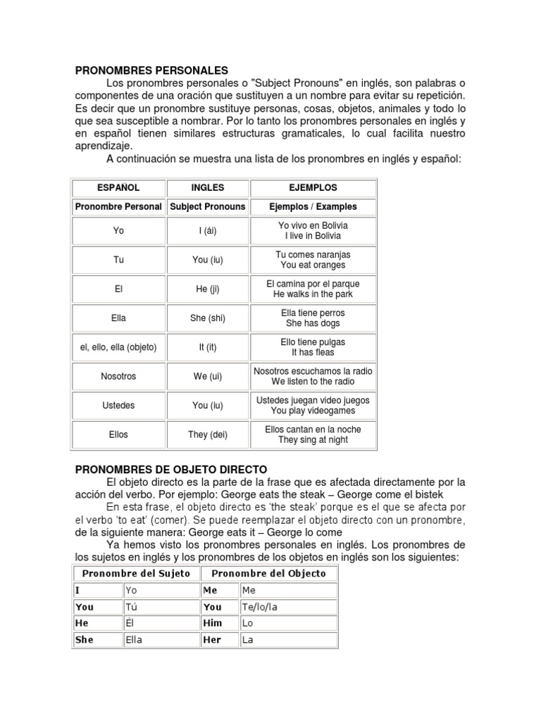 Pronombres Personales en Inglés y Español | PDF | Conjugación ...