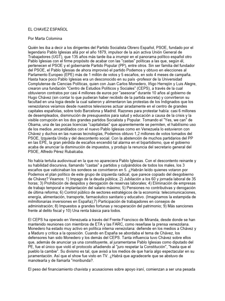 Pablo Iglesias "El Chávez Español" Por Marta Colomina | PDF | Hugo ...