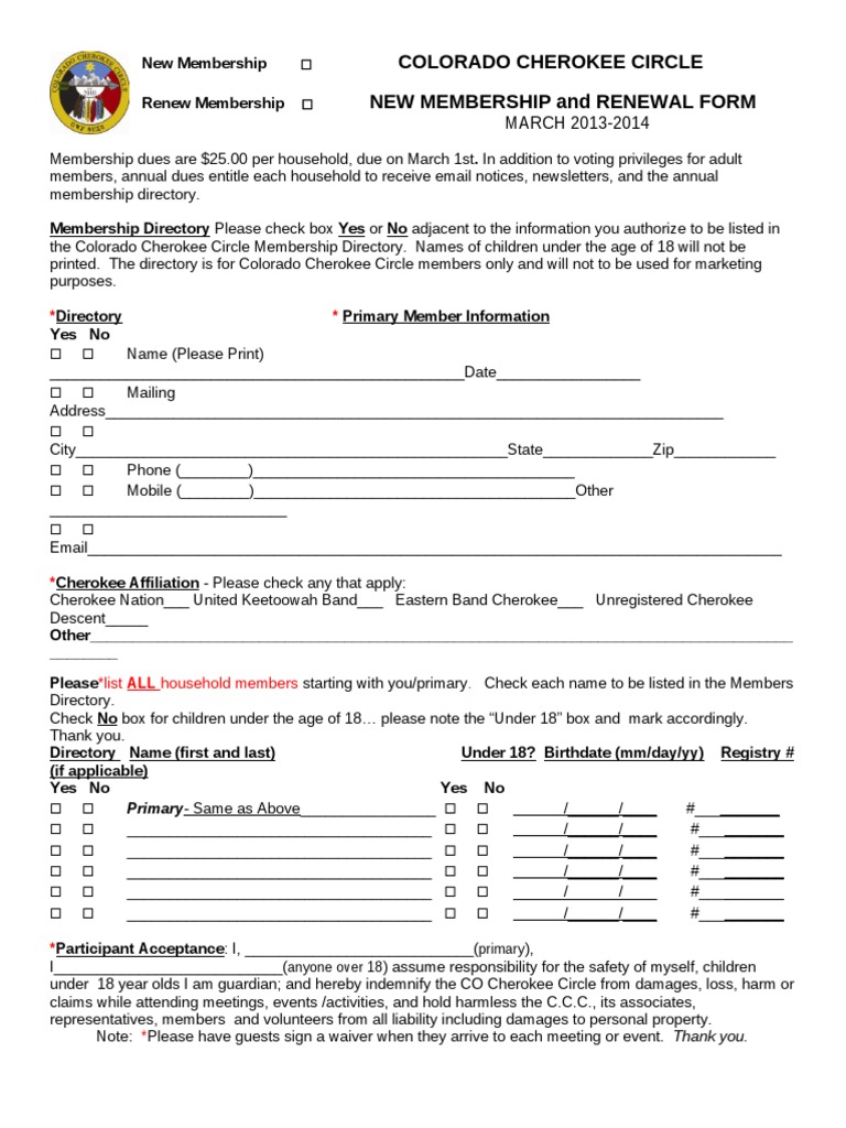 Colorado Cherokee Circle Membership Form | PDF | Advertising | Business