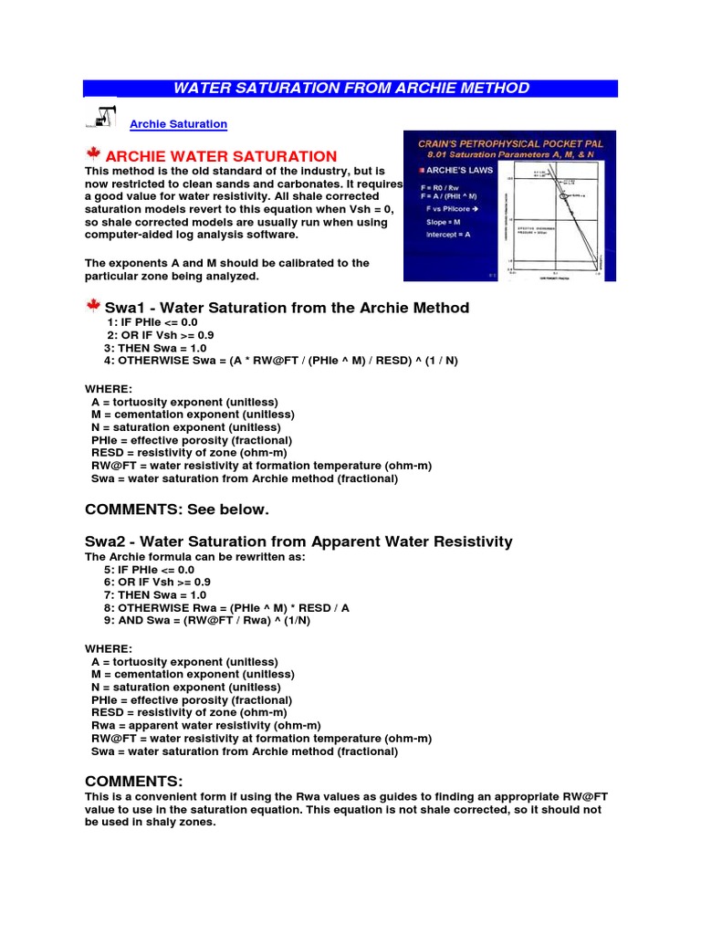 Water Saturation From Archie Method | PDF | Electrical Resistivity And ...