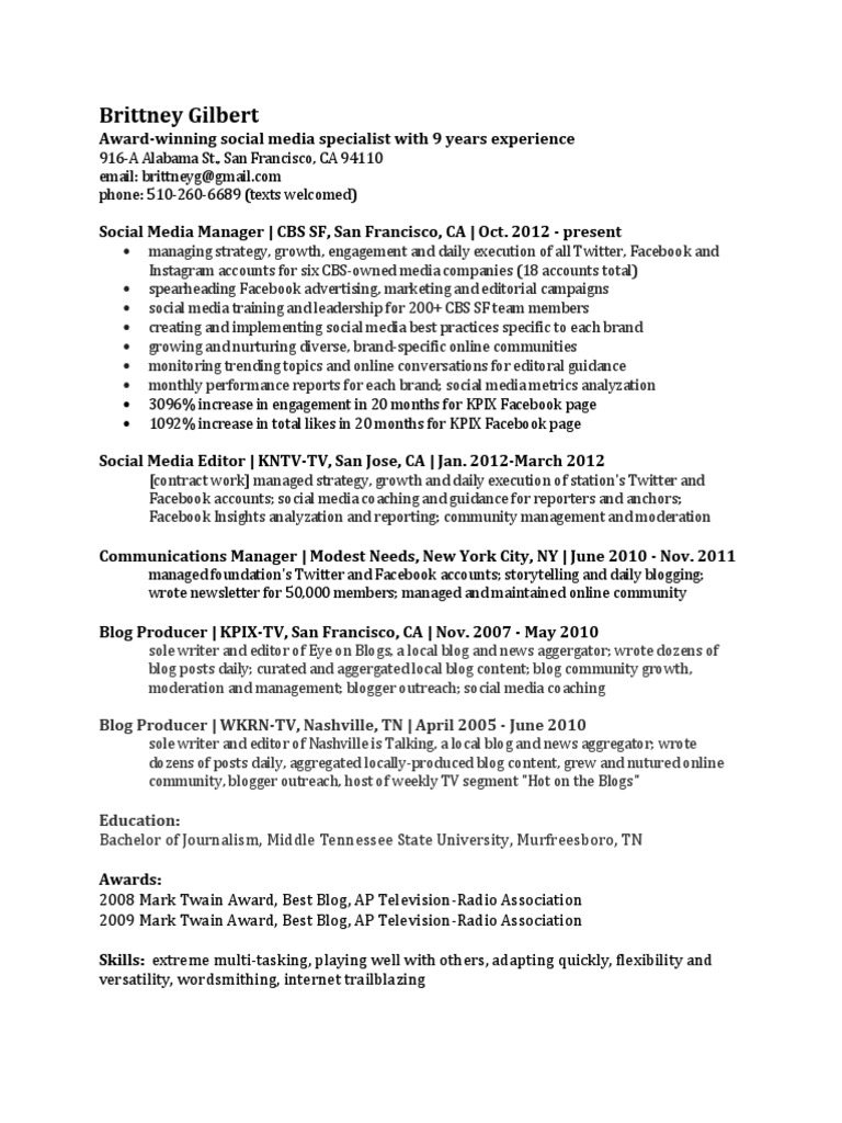 Brittney Gilbert's Social Media Resume | PDF | Blog | Social Media
