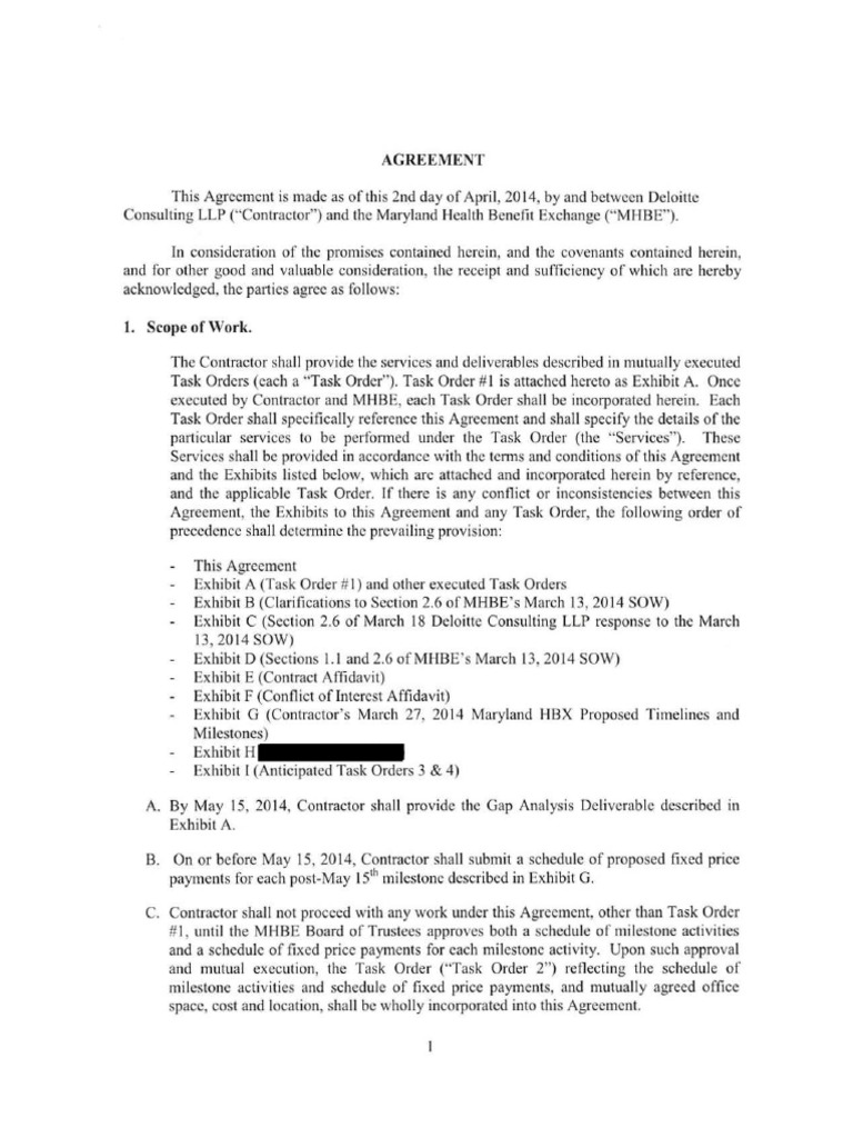 MHBE Deloitte Contract 040414 - Redacted | PDF | Surety Bond | Invoice