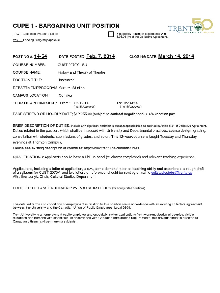 Cupe 1 - Bargaining Unit Position: 14-54 Feb. 7, 2014 March 14, 2014 | PDF