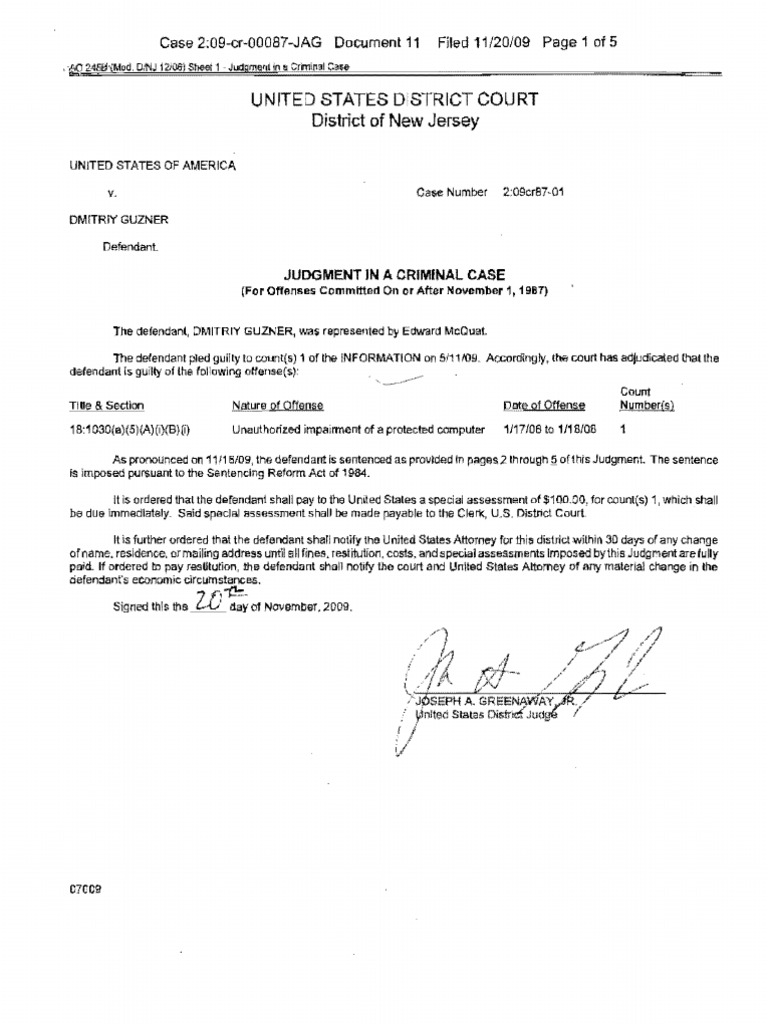 Dmitriy Guzner Sentencing - Judgment | PDF | United States Federal ...