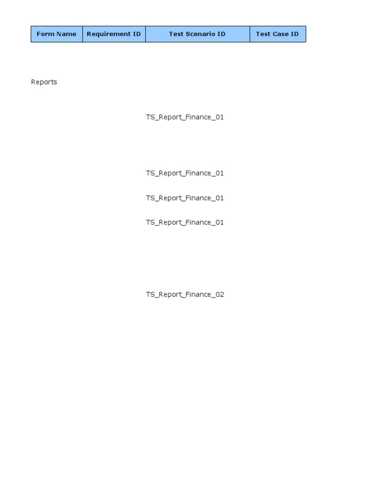 Reports: Form Name Requirement ID Test Scenario ID Test Case ID | PDF ...