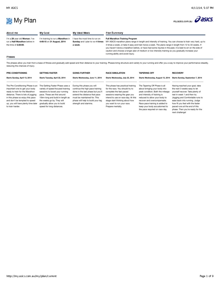 MY ASICS Marathon Training Plan | PDF | Marathon | Sports