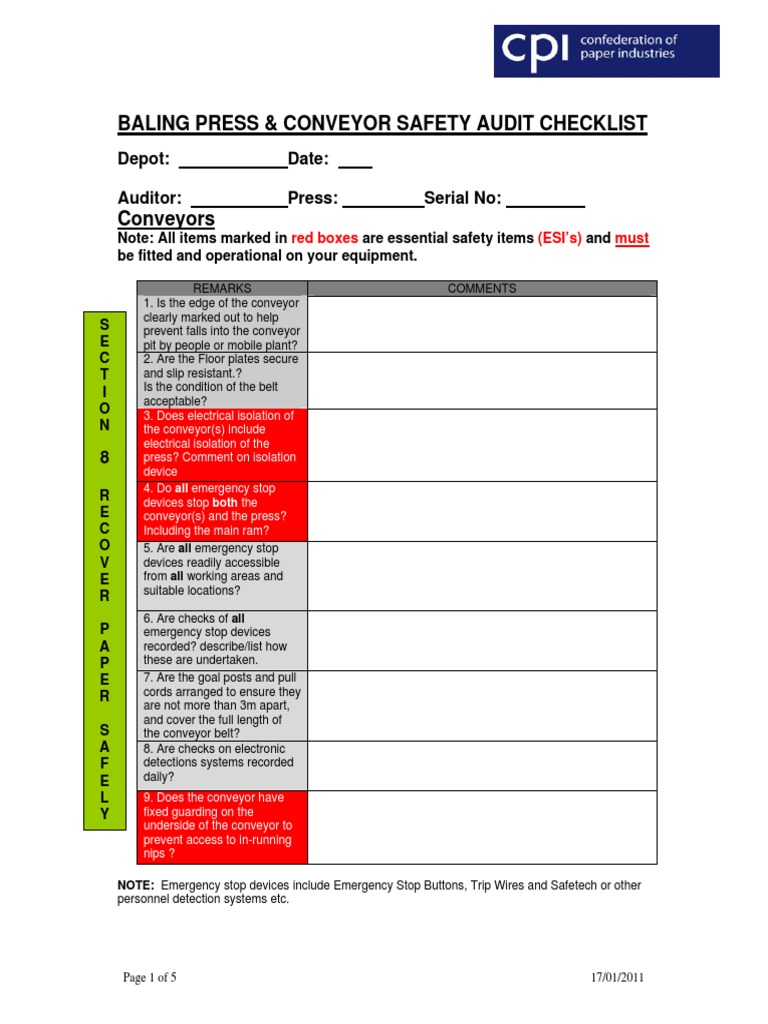 CPI Baler Safety Audit Checklist | Download Free PDF | Manufactured Goods