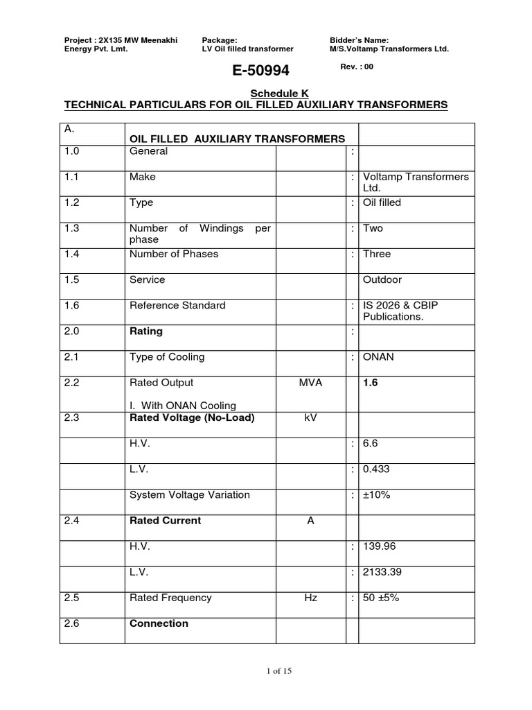 1.6 MVA Oil Type Transformer GTP - Mar22-2011 | PDF | Transformer ...