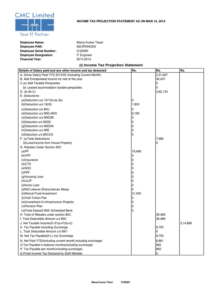 Income Tax Projection Statement As On Mar 14, 2014 | PDF | Tax ...