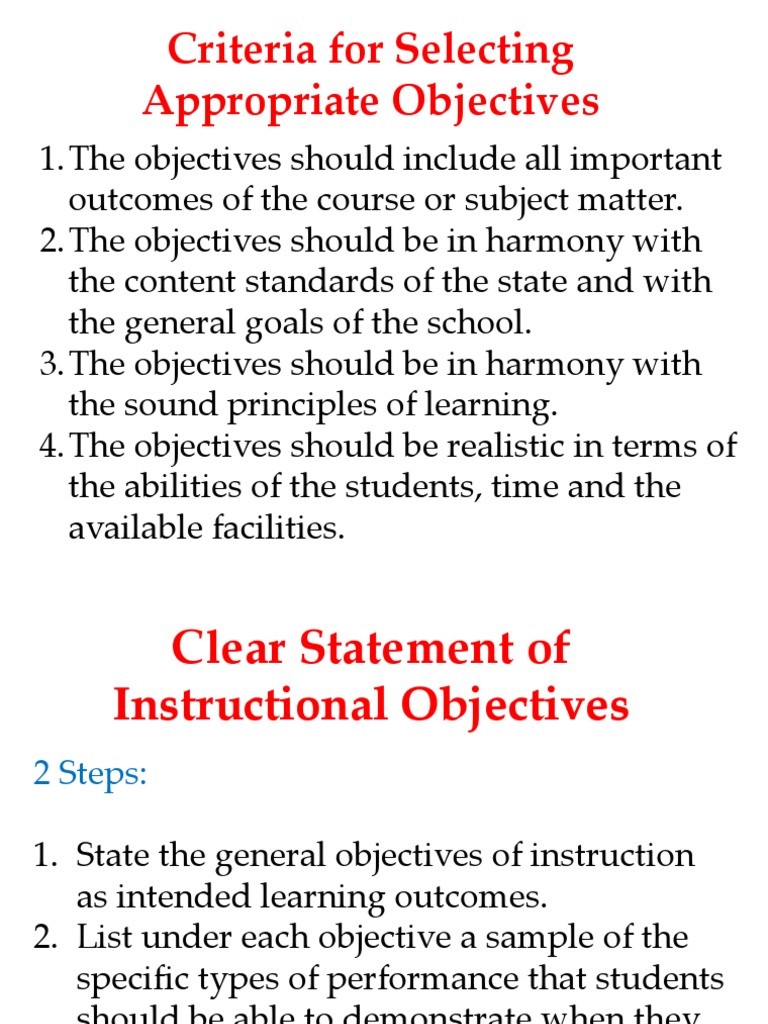 Criteria For Selecting Appropriate Objectives | PDF | Educational ...