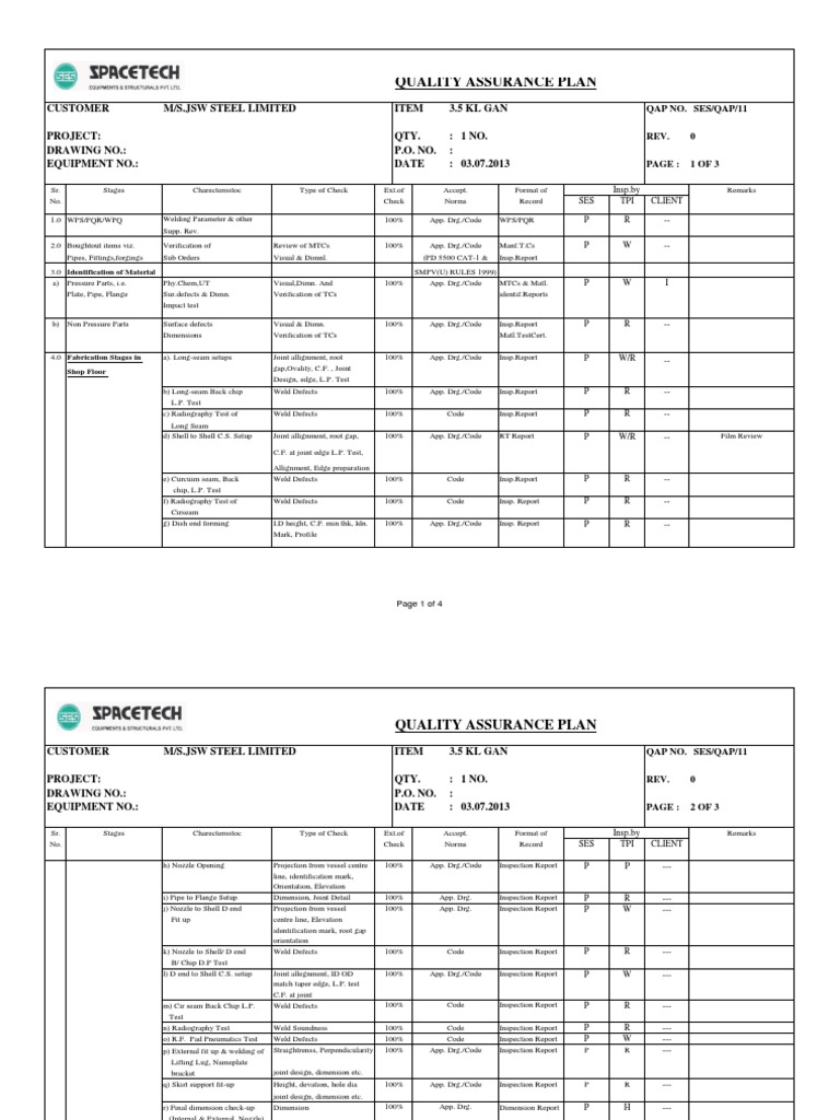 Typical QAP | PDF | Pipe (Fluid Conveyance) | Metalworking