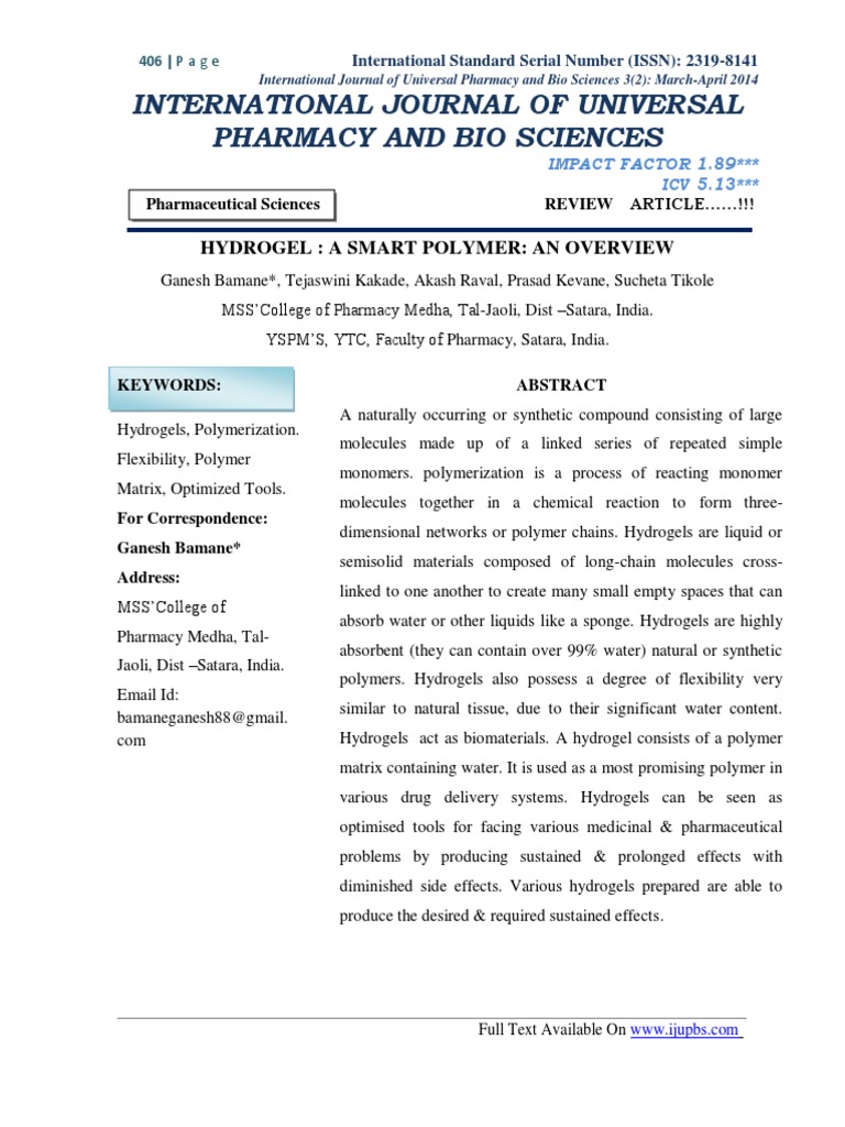 HYDROGEL : A SMART POLYMER: AN OVERVIEW Ganesh Bamane*, Tejaswini Kakade, Akash Raval, Prasad ...