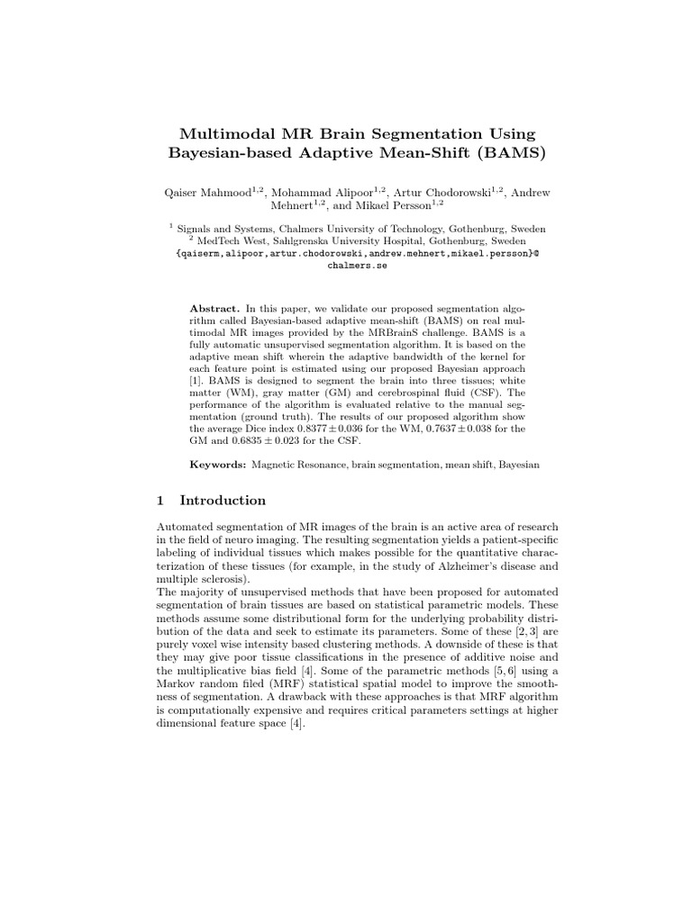 Multimodal MR Brain Segmentation Using Bayesian-Based Adaptive Mean-Shift (BAMS) | PDF | Cluster ...