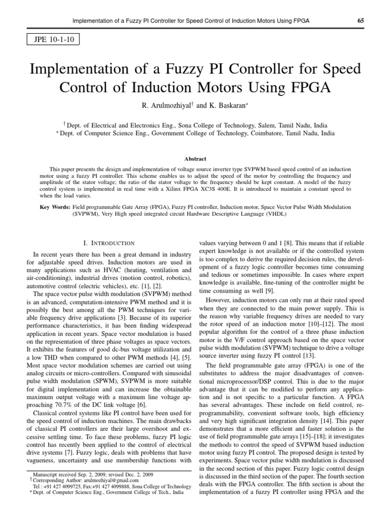 Implementation of A Fuzzy PI Controller For Speed Control of Induction Motors Using FPGA | PDF ...