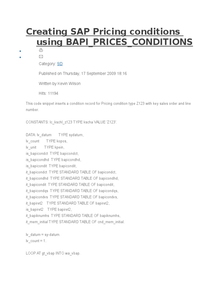 Creating Sap Pricing Conditions Using Bapi Pdf Computer Architecture Information