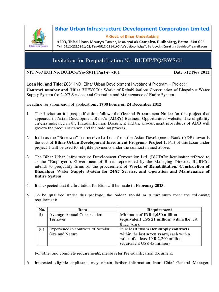 Bhagalpur Water Supply Prequalification Notice | PDF | Asian ...