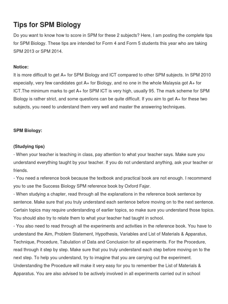 Tips For SPM Biology | PDF | Question | Experiment