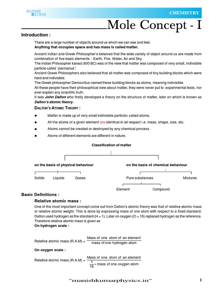 Mole Concept 1 Theory E | PDF | Mass Concentration (Chemistry) | Molecules