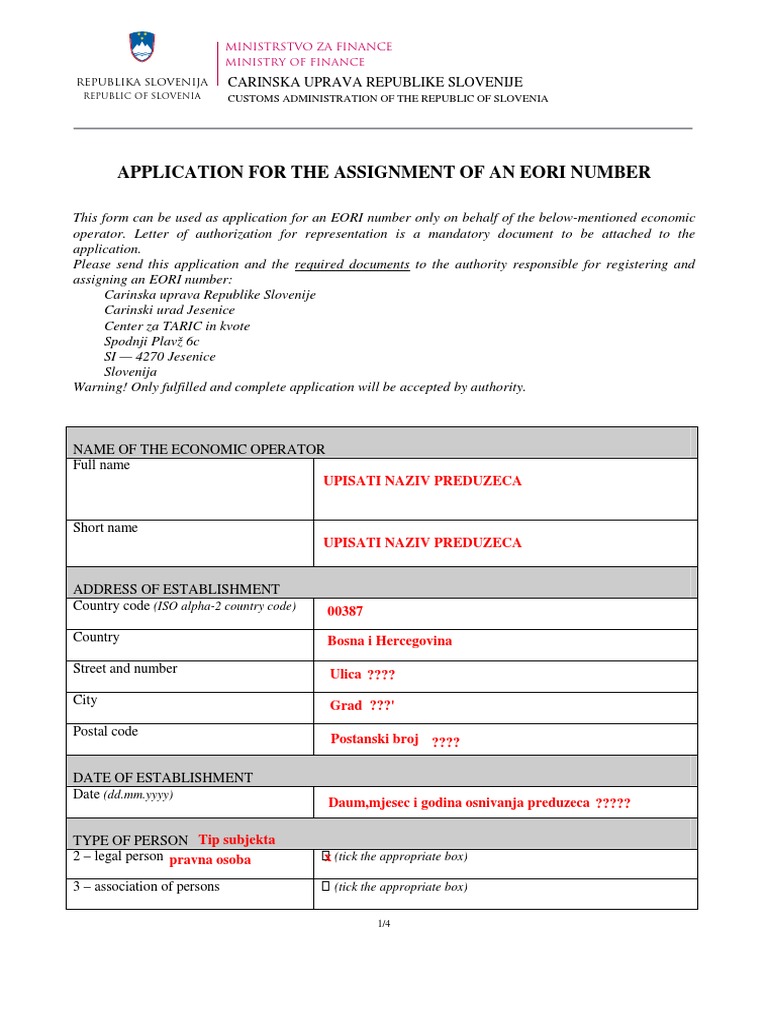 3 - Zahtjev Za EORI Broj Primjer Kako Se Popunjava | Written ...