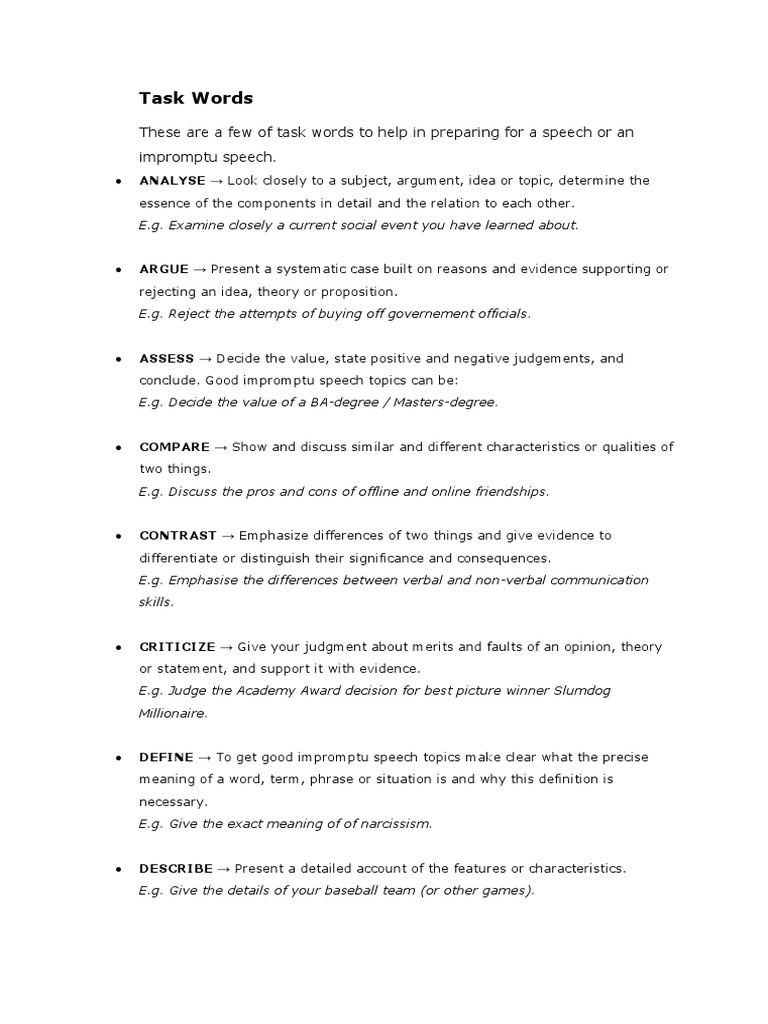 Task Words: These Are A Few of Task Words To Help in Preparing For A ...