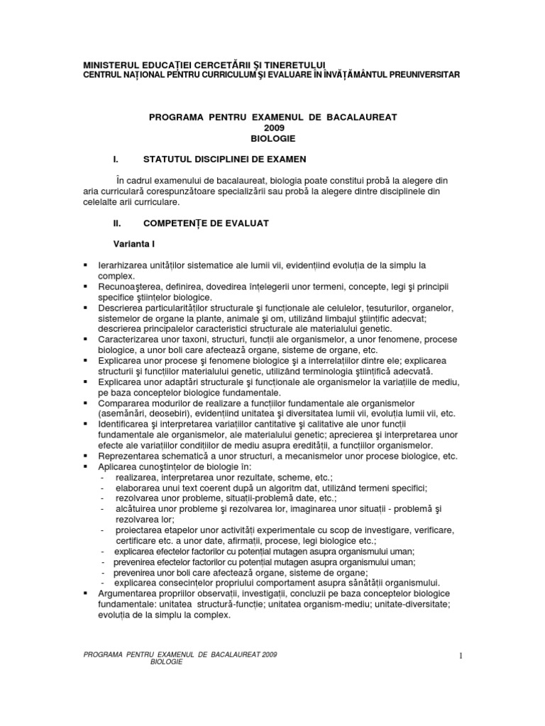 Programa Bac - Biologie 2009 | PDF