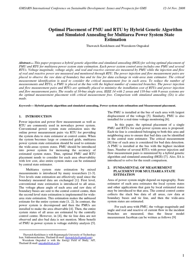 Optimal Placement of PMU and RTU by Hybrid Genetic Algorithm and Simulated Annealing For ...
