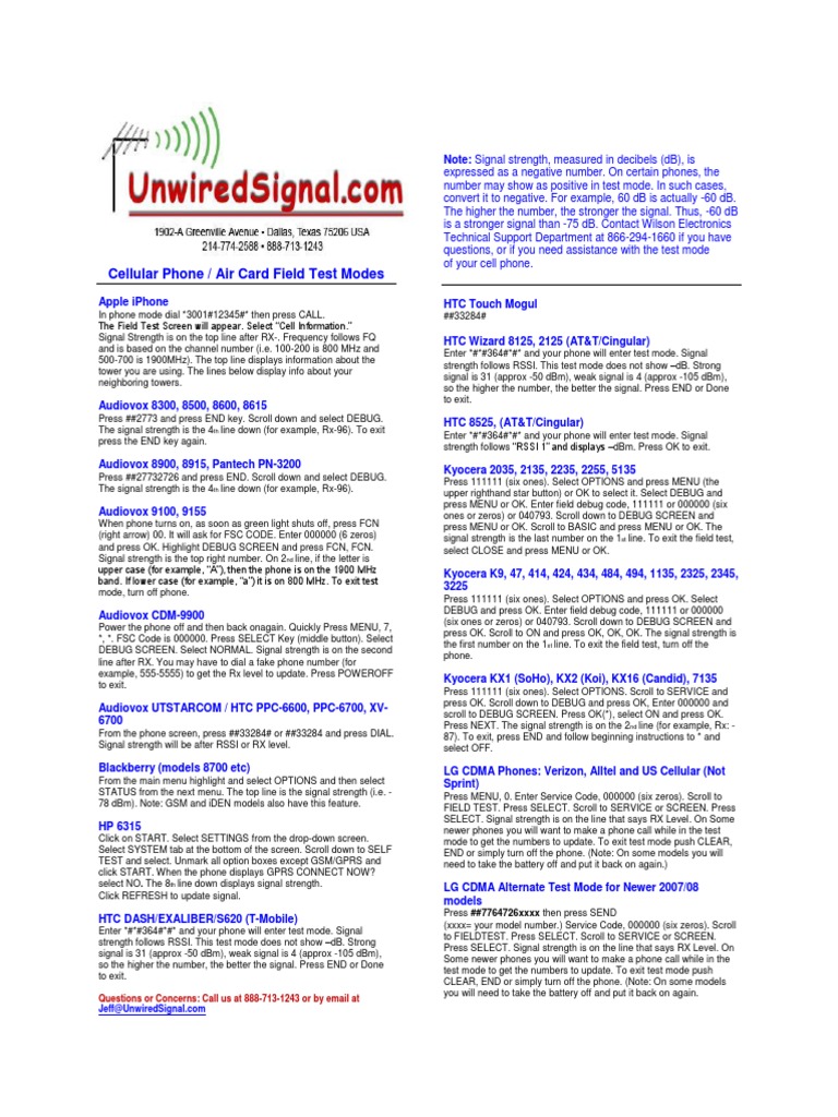 Cellular Field Test Mode Instructions | PDF | Decibel | Telephone