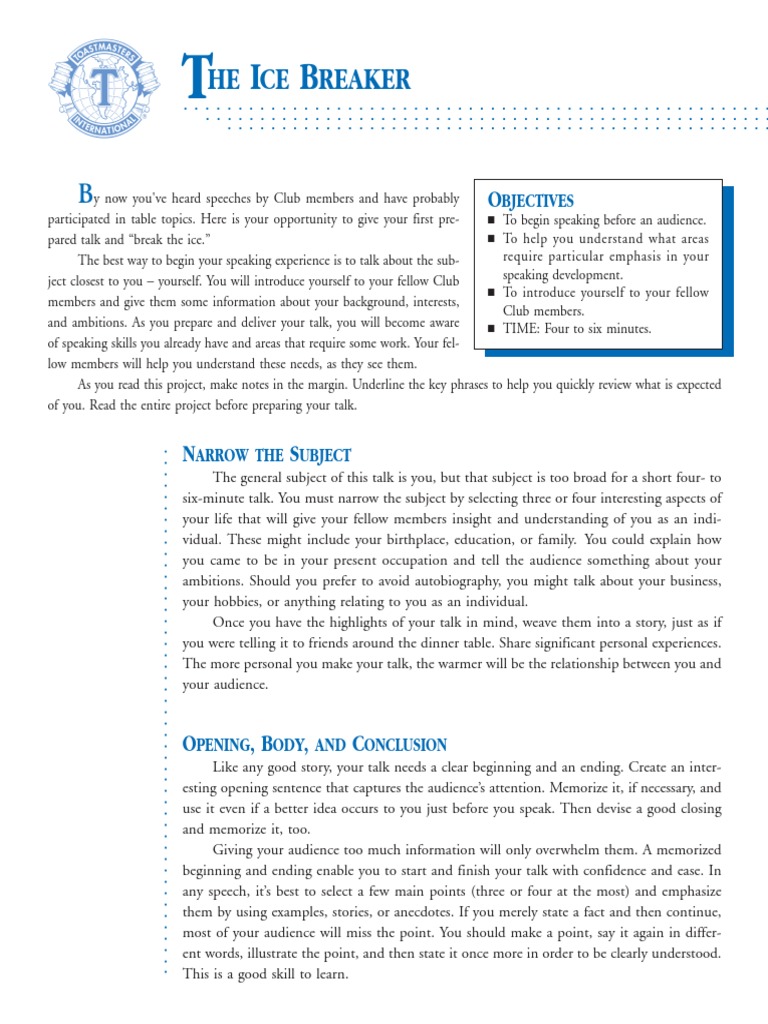 Icebreaker Speech Guidelines for Toastmasters | PDF