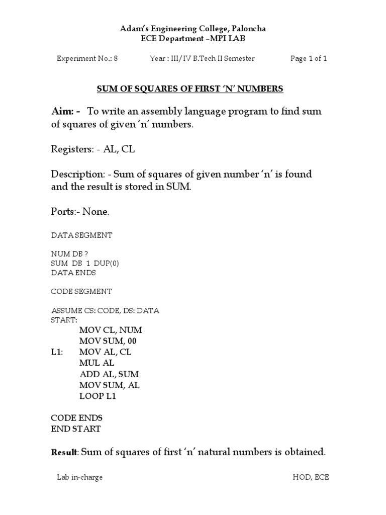 Sum of Squares Assembly Program | PDF | Teaching Methods & Materials