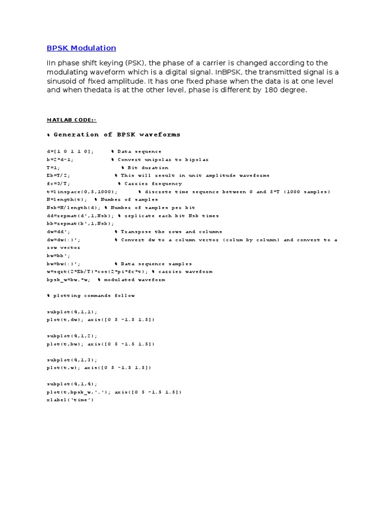 Matlab Code For BPSK Modulation | PDF