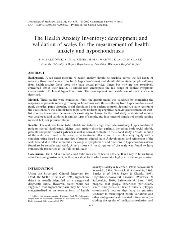 The Health Anxiety Inventory - Development and Validation of Scales For ...
