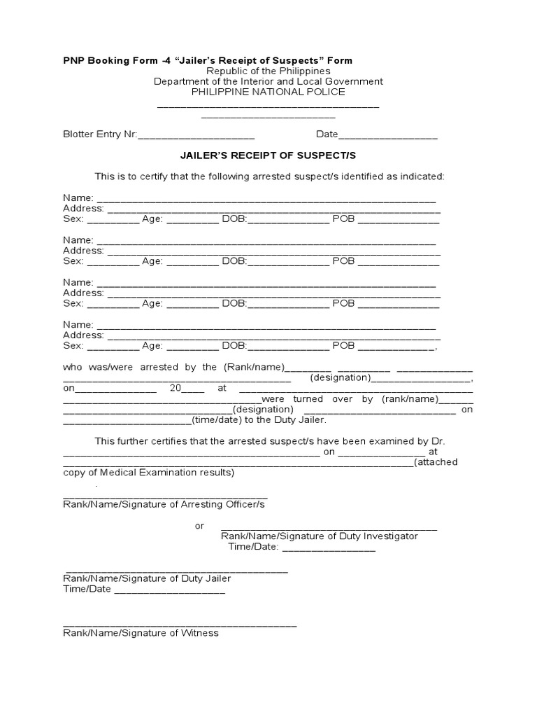 Jailer's Receipt of Suspects Form | PDF