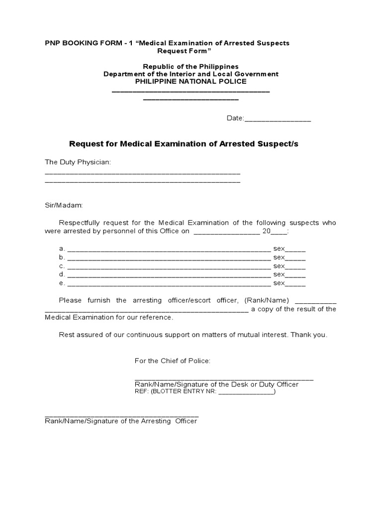 Medical Examination of Arrested Suspects Request Form | PDF