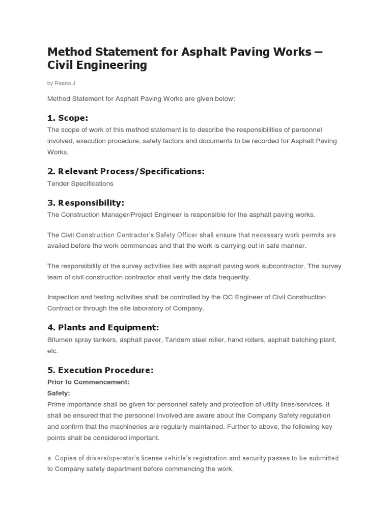 Method Statement For Asphalt Paving Works | PDF