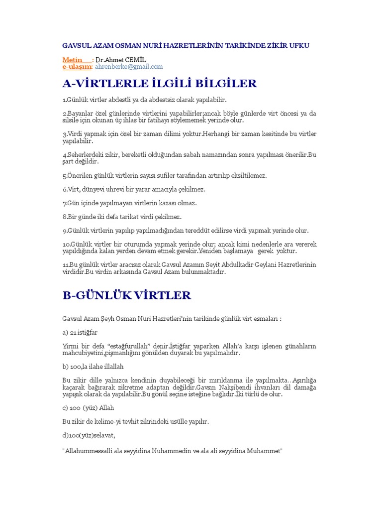 Gavsul Azam Osman Nuri̇ Hazretleri̇ni̇n Tari̇ki̇nde Zi̇ki̇r Ufku | PDF