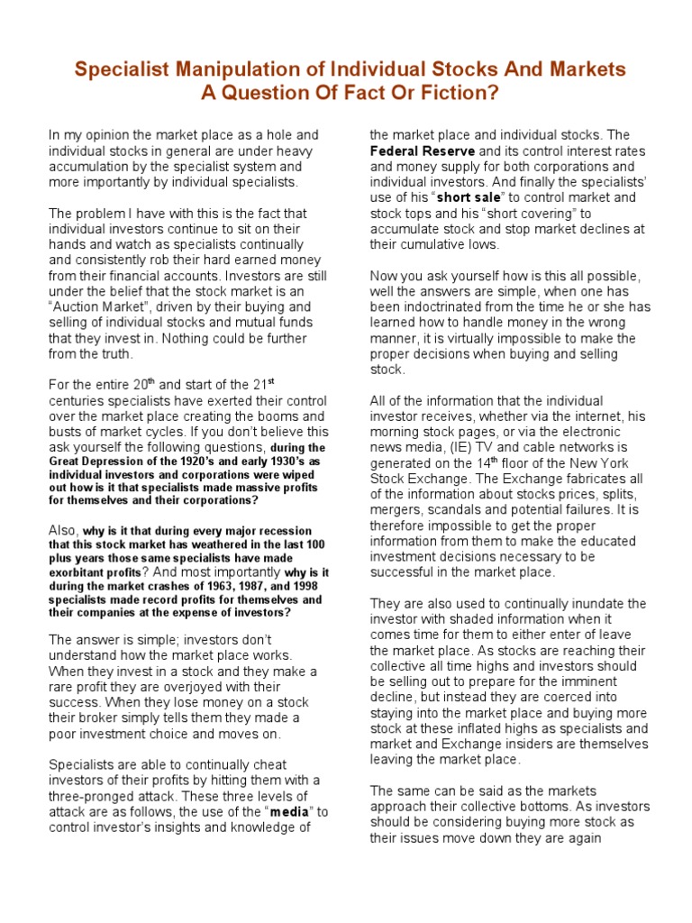 Specialist Manipulation of Individual Stocks and Markets | PDF | Short ...