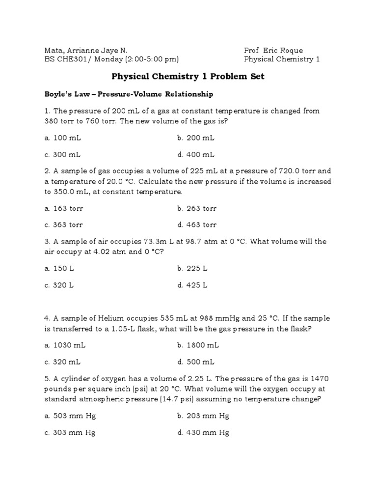Physical Chemistry 1 Prob Set | PDF | Litre | Gases