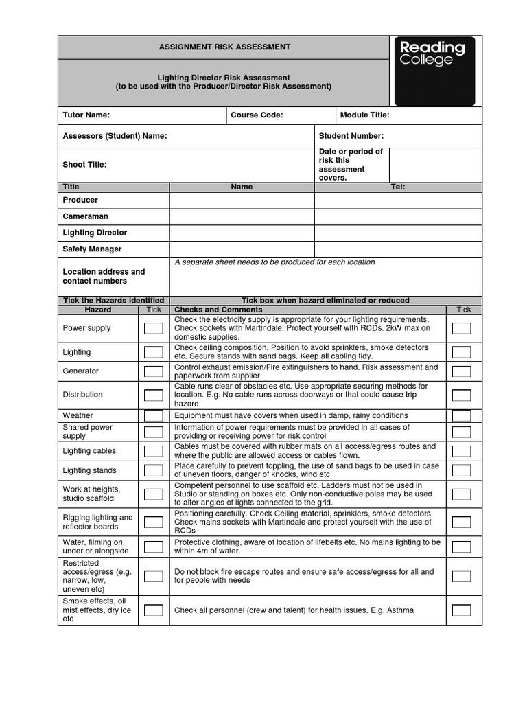 LIghting Director Risk Assessment Template | PDF | Risk | Fire ...