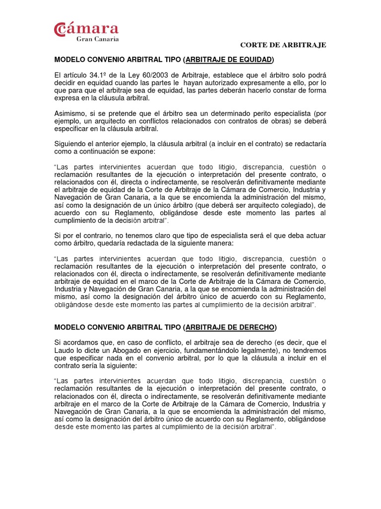 Modelo Convenio Arbitral A Incluir en Los Contratos | PDF | Arbitraje | Conceptos legales