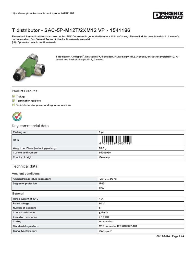 T Distributor - SAC-5P-M12T/2XM12 VP - 1541186: Key Commercial Data ...