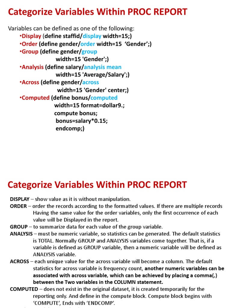 Categorize Variables Within PROC REPORT | PDF | Sas (Software) | Categorical Variable