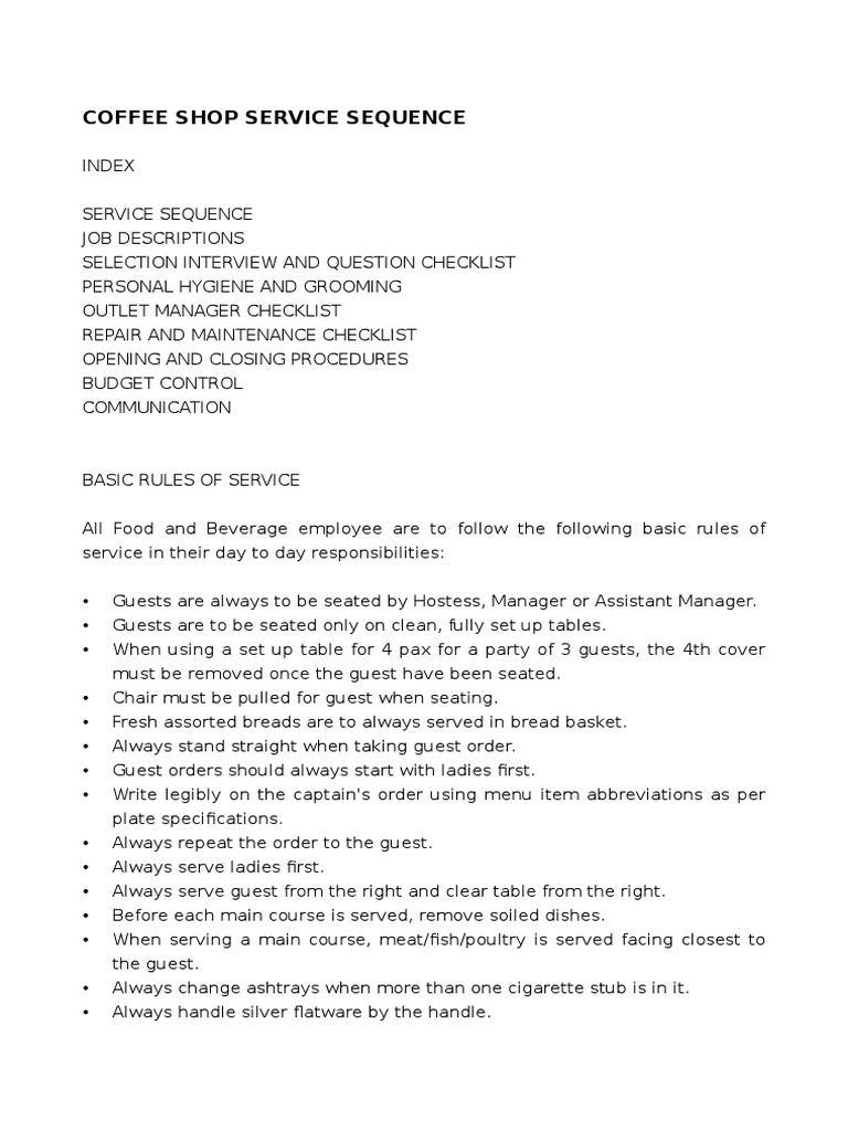 Coffee Shop Service Sequence | PDF | Tableware | Waiting Staff