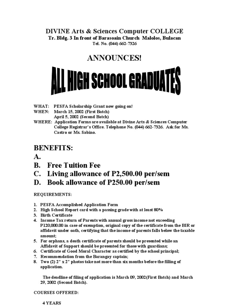 PESFA Scholarship Grant at Divine College | PDF | Career & Growth ...