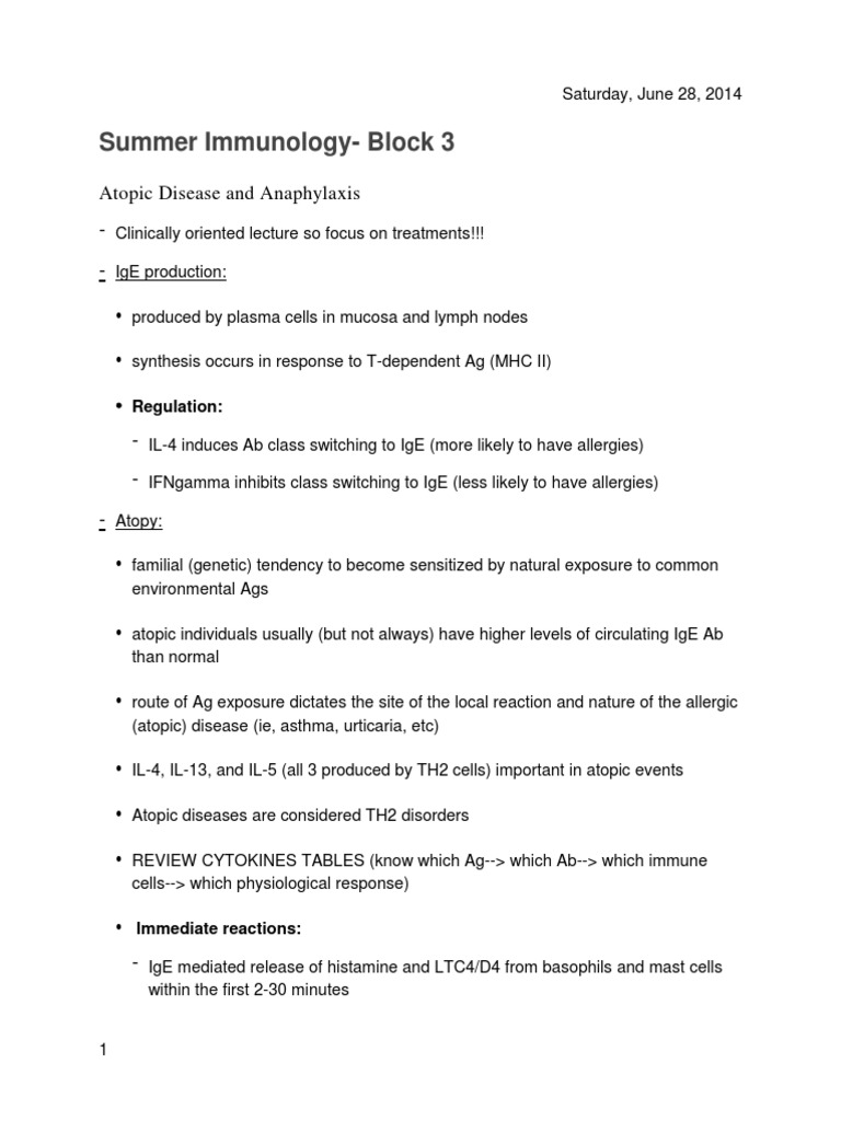Summer Immunology-Block 3: Atopic Disease and Anaphylaxis | PDF ...